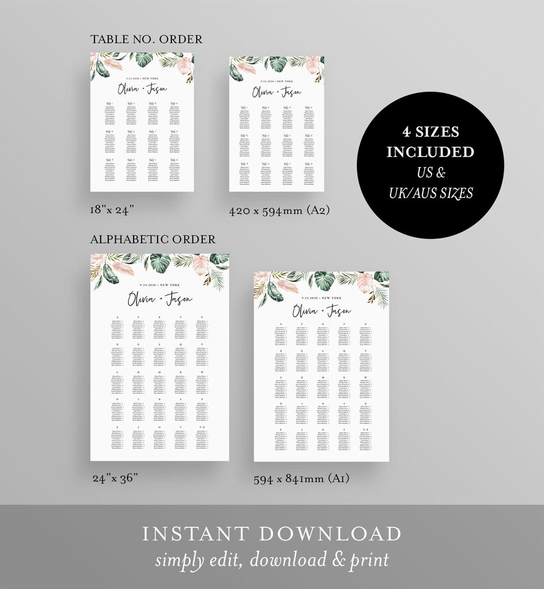 Tropical Seating Chart Template, Wedding Seating Sign, Alphabetical ...
