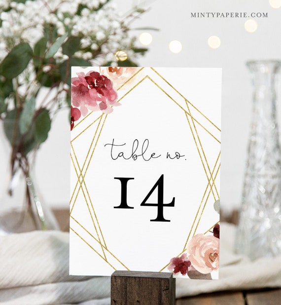 Boho Table Number Card Template Printable Burgundy Floral and | Etsy
