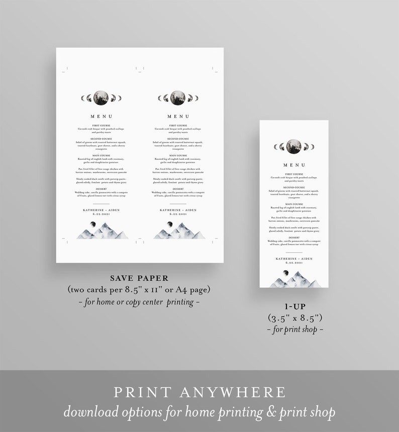 Celestial Wedding Menu Template Printable Mountain Moon - Etsy
