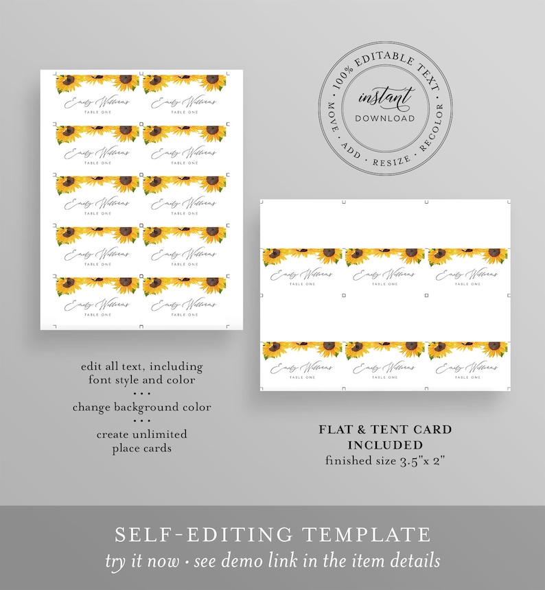 Sunflower Place Card Template Printable Fall Wedding Escort - Etsy