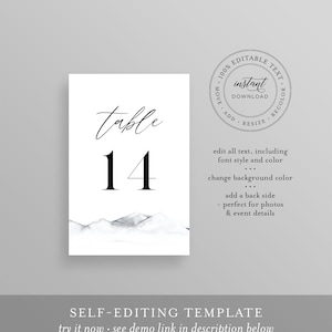Mountain Table Number Card Template, Printable Minimalist Table Number ...