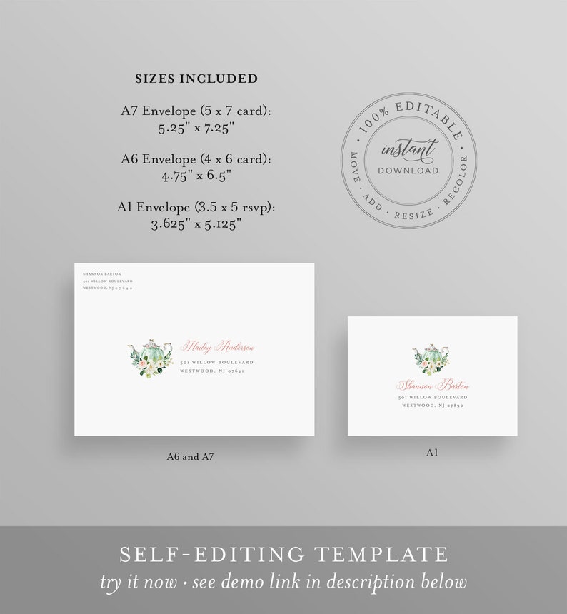 Tea Party Envelope Template Printable Teapot Address Instant - Etsy