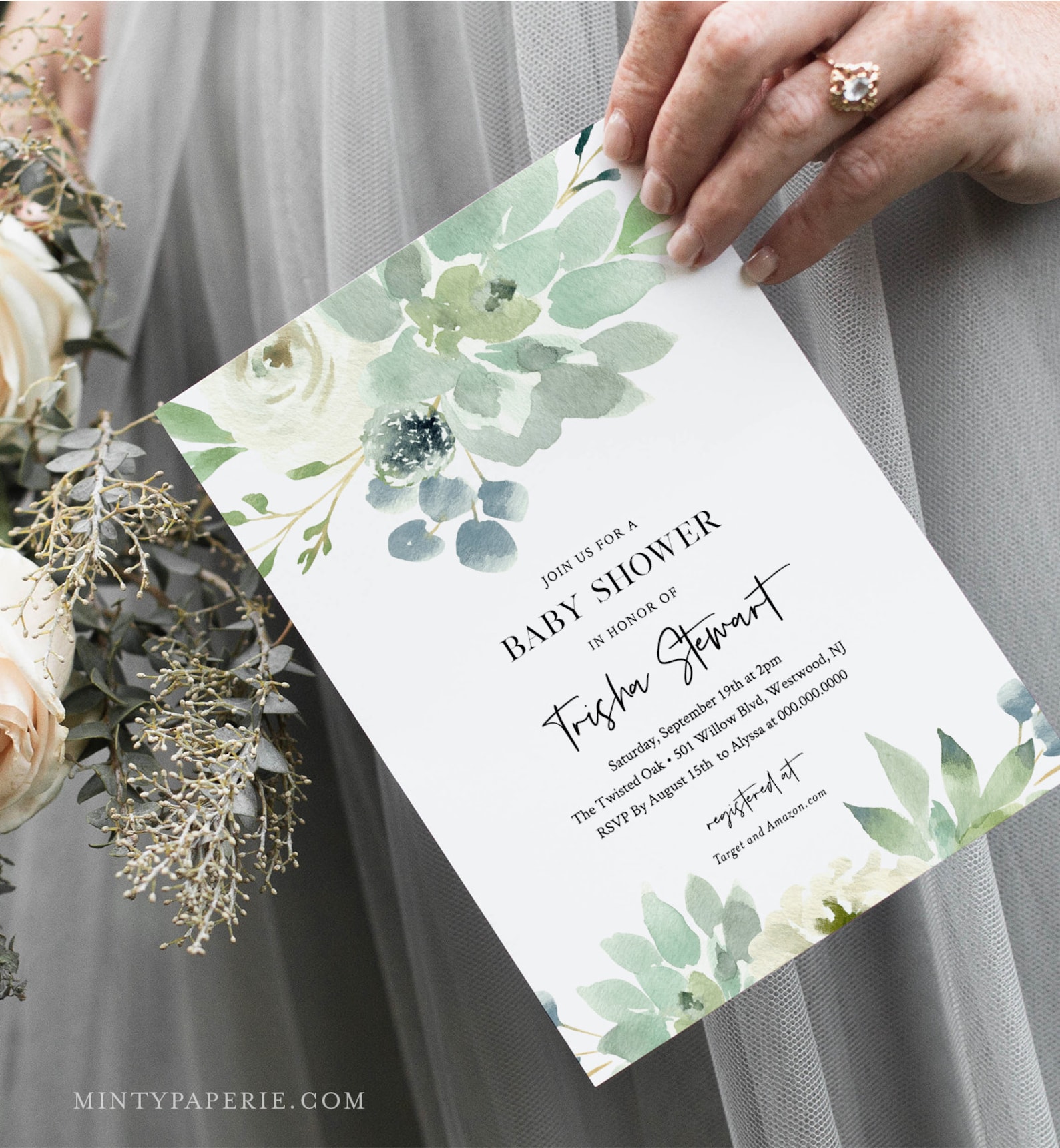 Baby Shower Invitation, 100% Editable Text, Succulent & Greenery ...