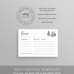 Pine Tree Recipe Card Printable, Instant Download, 100% Editable ...