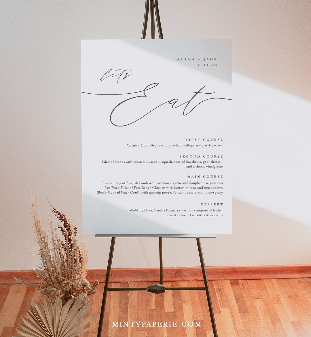 Dinner Menu Sign, Minimalist Wedding Menu Poster, Lets Eat, 100% ...