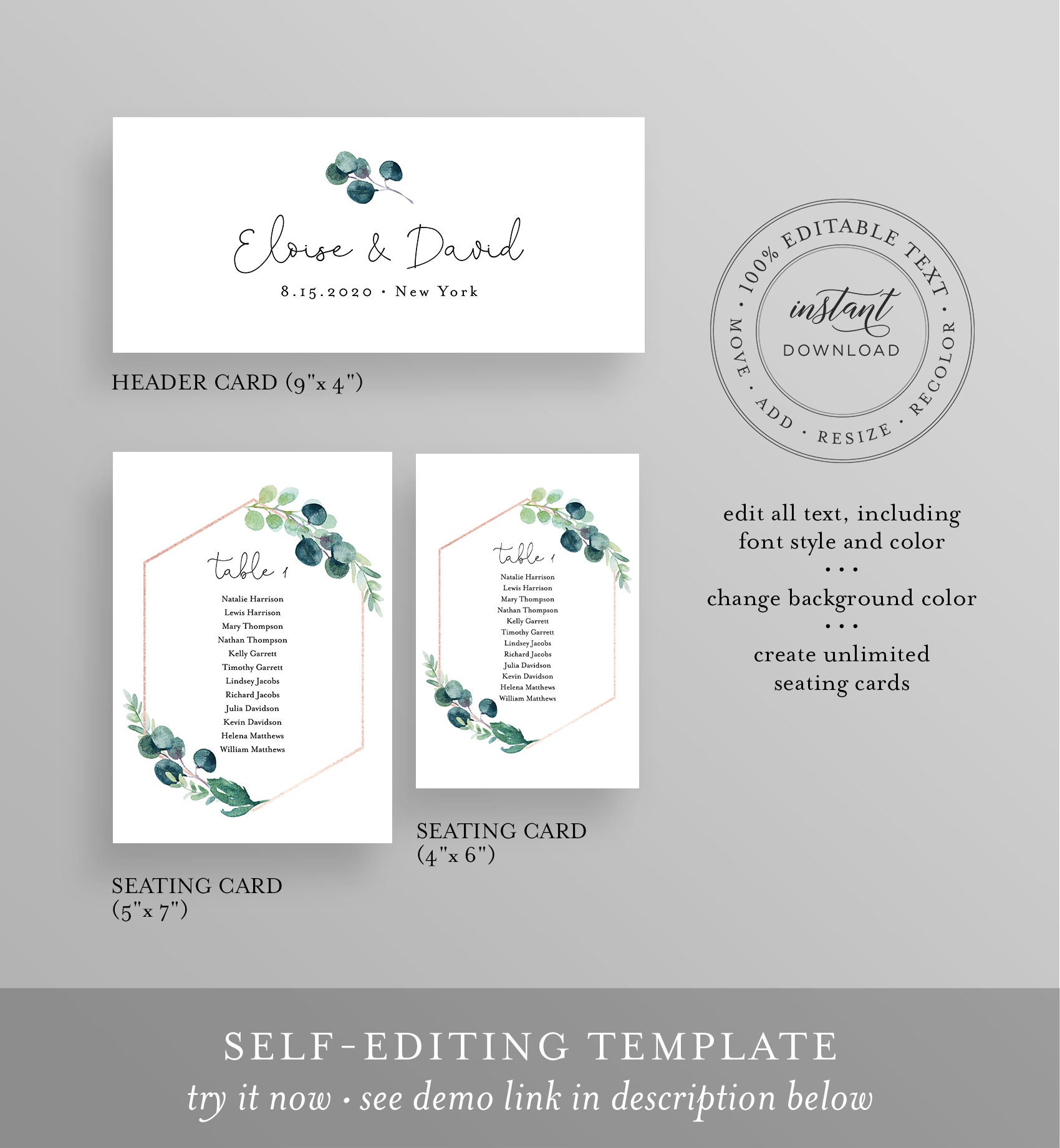 Seating Chart Printable Table Seating Cards Greenery Wedding | Etsy