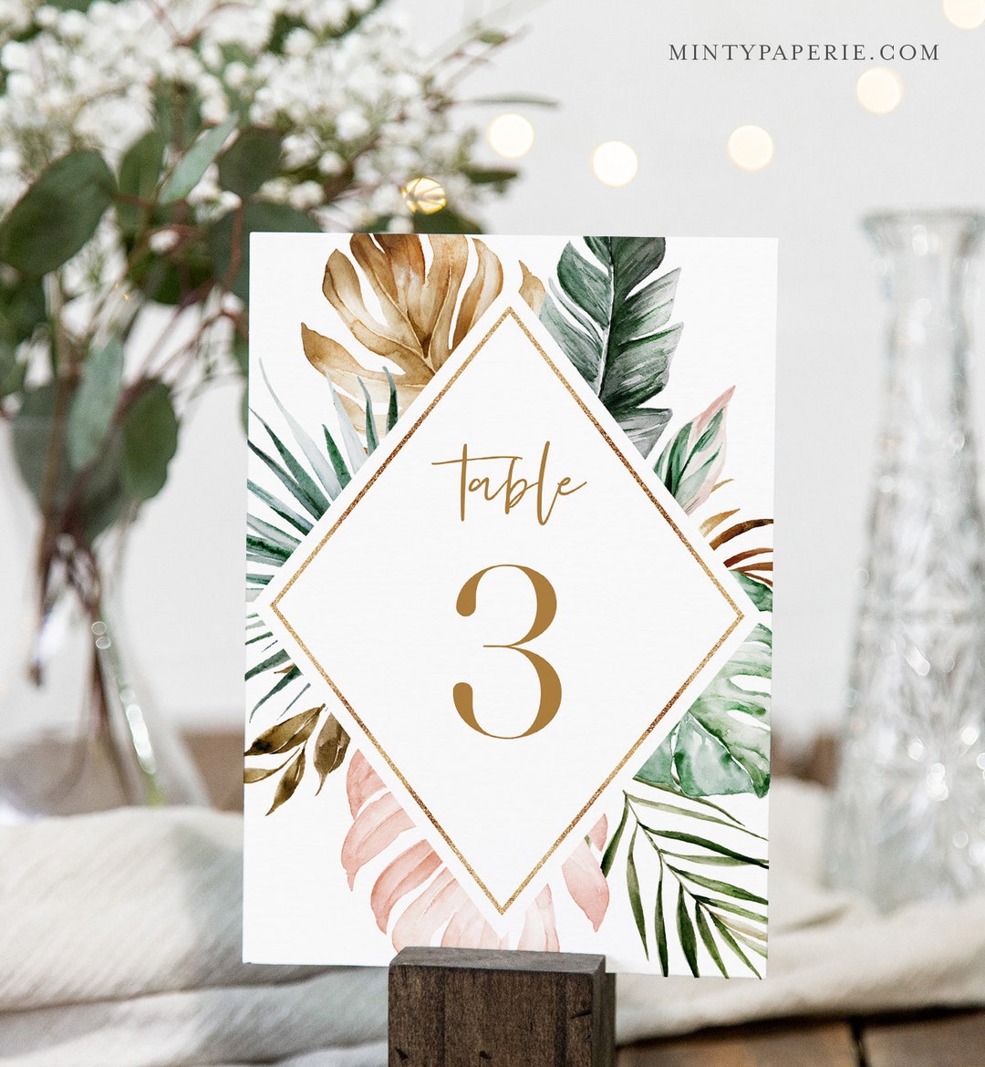 Tropical Table Number Card Template, Printable Lush Greenery & Gold ...