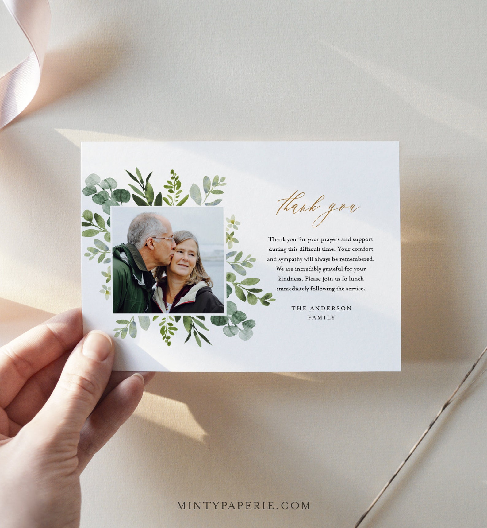 Funeral Thank You Card, Greenery Sympathy Card, Photo Memorial Card ...