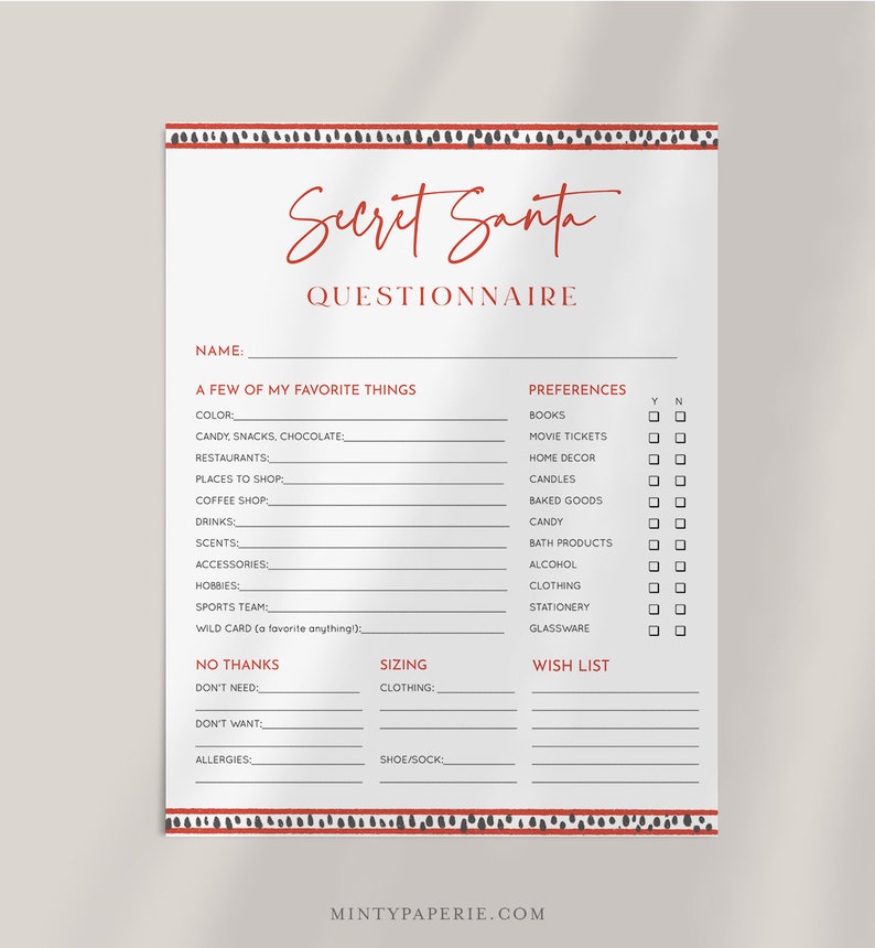 Secret Santa Questionnaire Modern Christmas Gift Exchange - Etsy