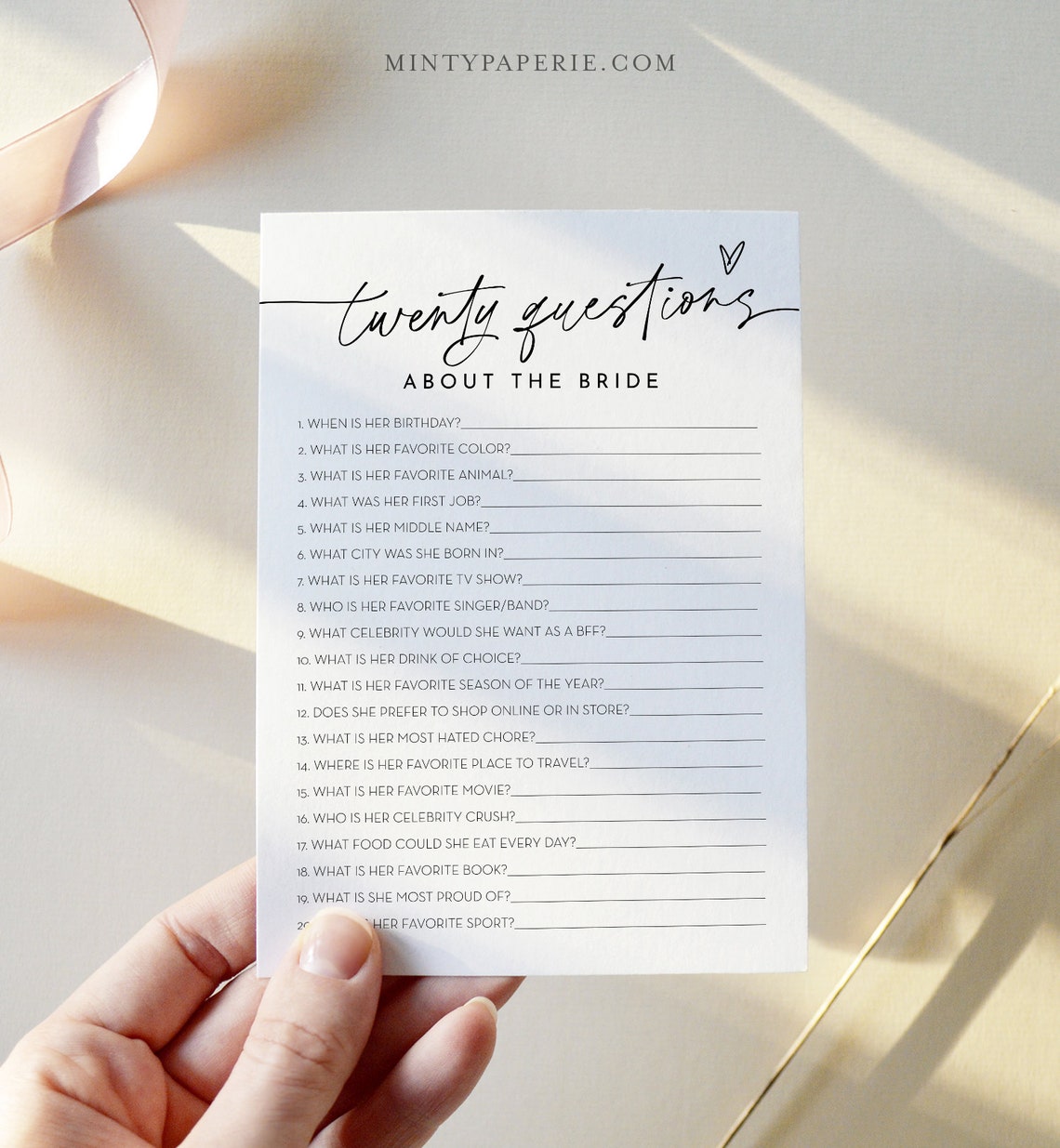 20 Questions About the Bride, Bridal Shower Game, How Well Do You Know ...