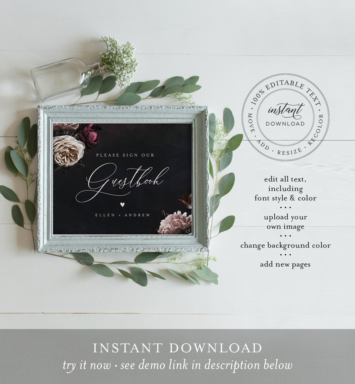Moody Floral Custom Sign Template, Design & Create Unlimited Wedding ...
