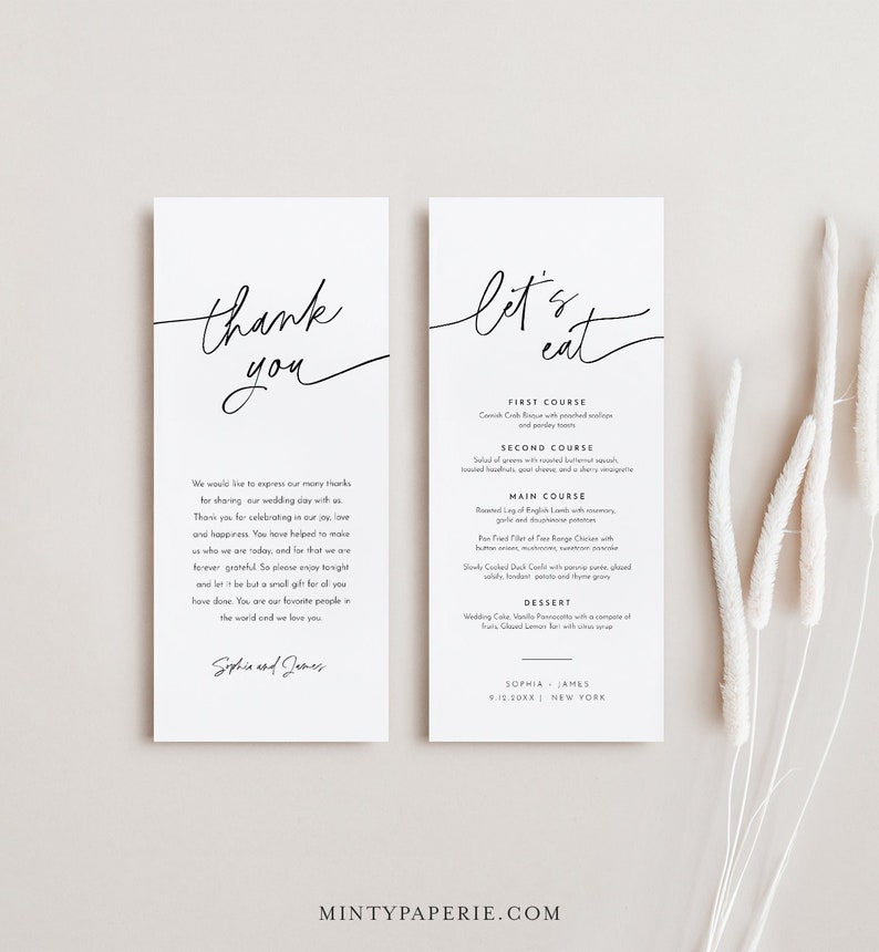 Wedding Menu and Thank You Card Printable Modern Dinner Menu - Etsy
