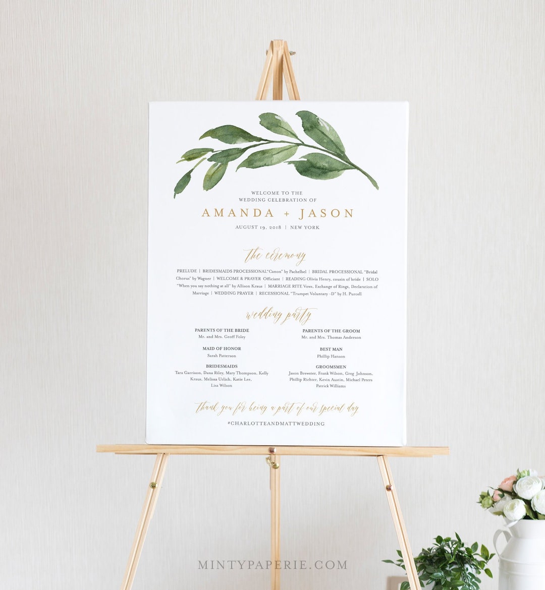 Wedding Program Sign Template, Order of Service / Events, 100% Editable ...