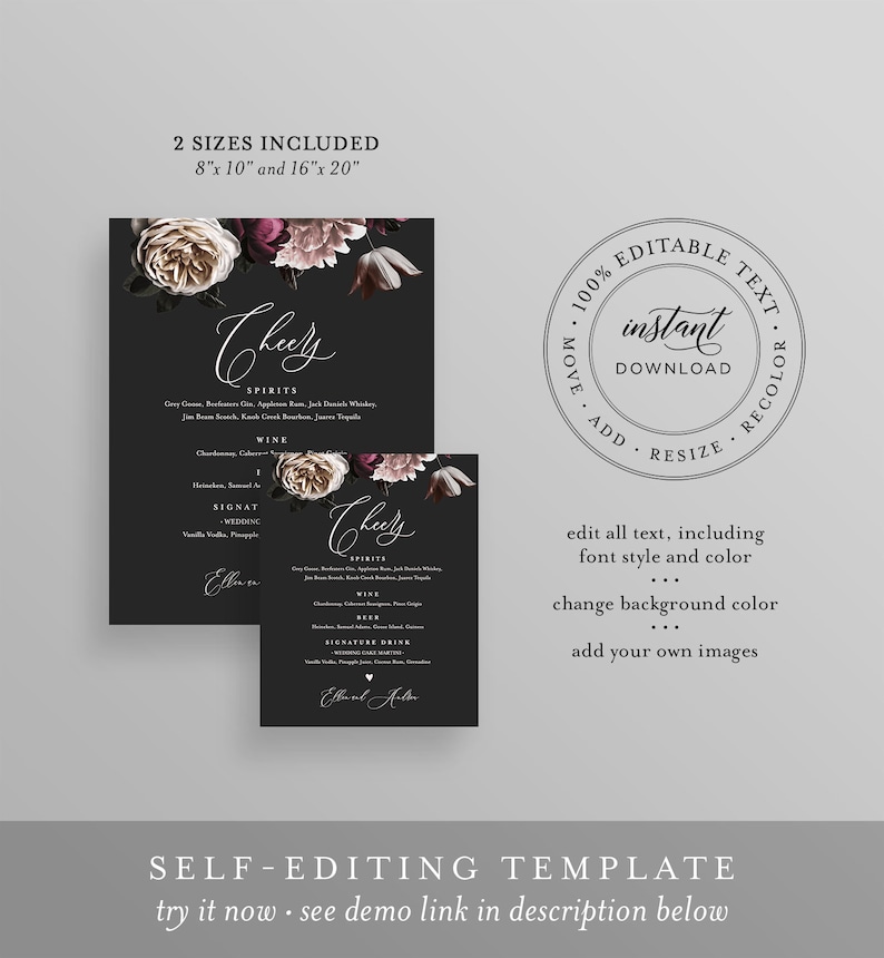 Bar Menu Sign Template 100% Editable Text Moody Floral - Etsy