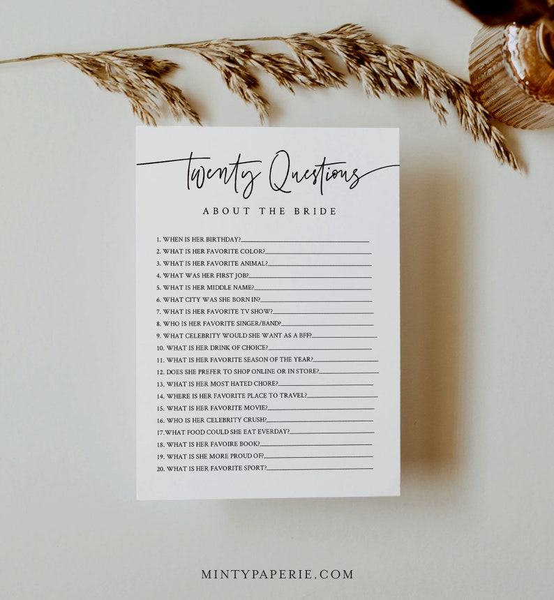 20 Questions About the Bride, Bridal Shower Game, How Well Do You Kknow ...