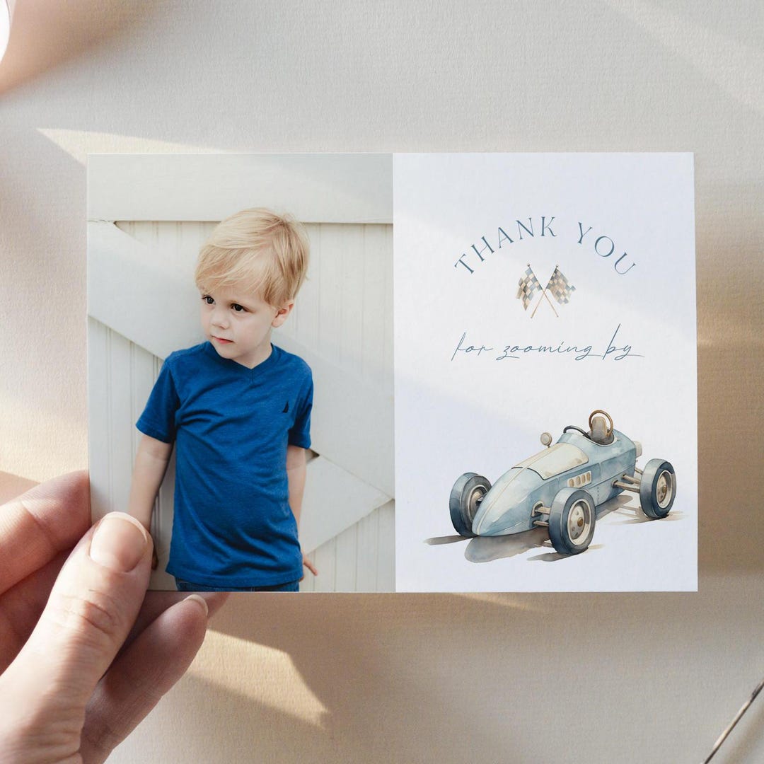 Race Car Thank You Card, Vintage Car Photo Birthday Thank You Card, 4x6 ...