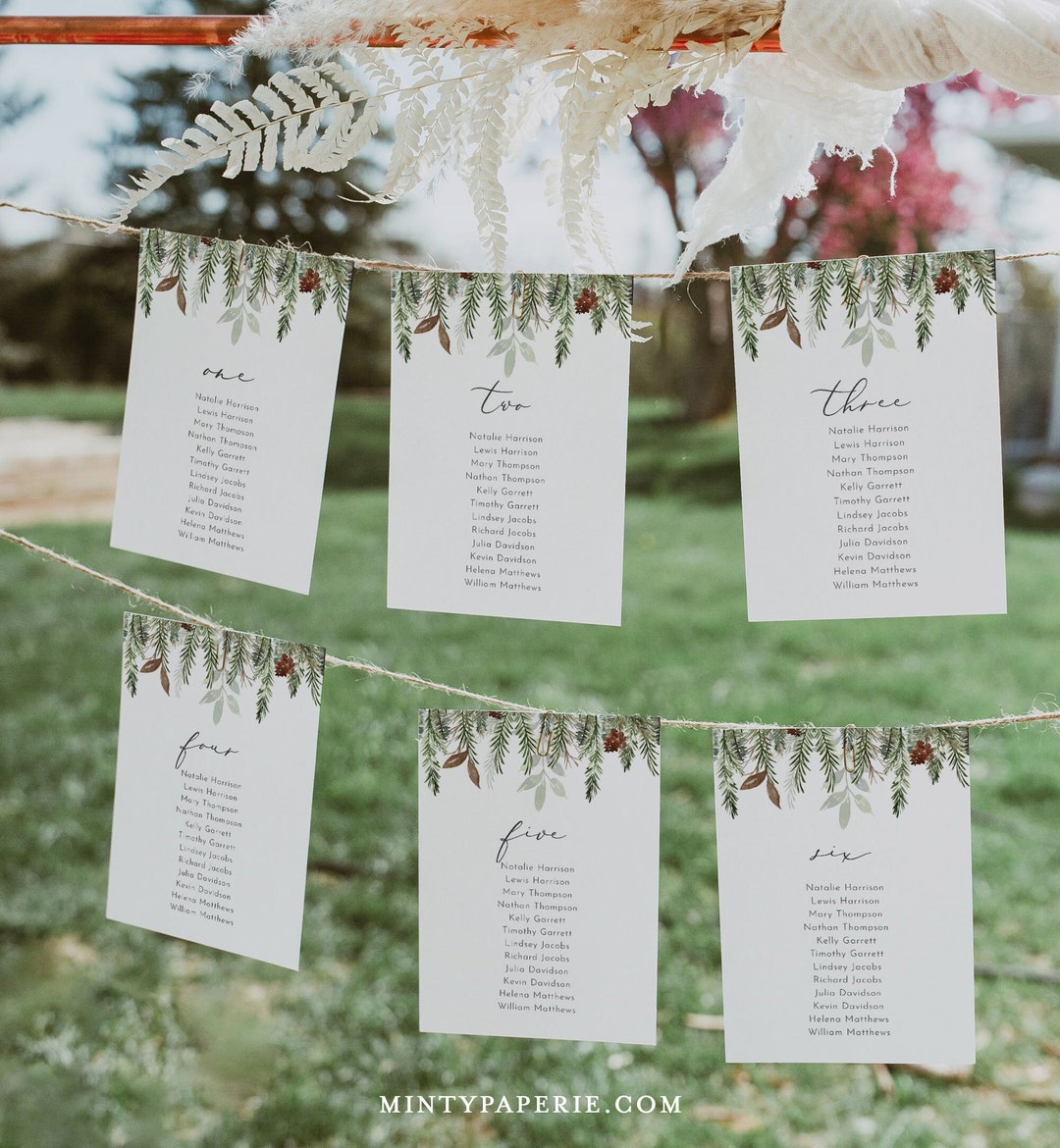 Pine Seating Chart Template, Winter Wedding Seating Plan, Hanging Cards ...