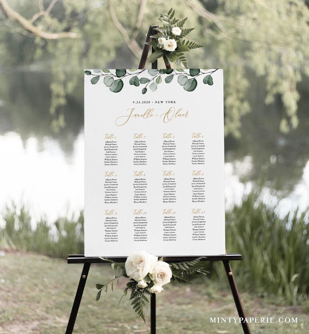 Greenery Seating Chart Poster, Printable Wedding Seating Sign, Instant ...