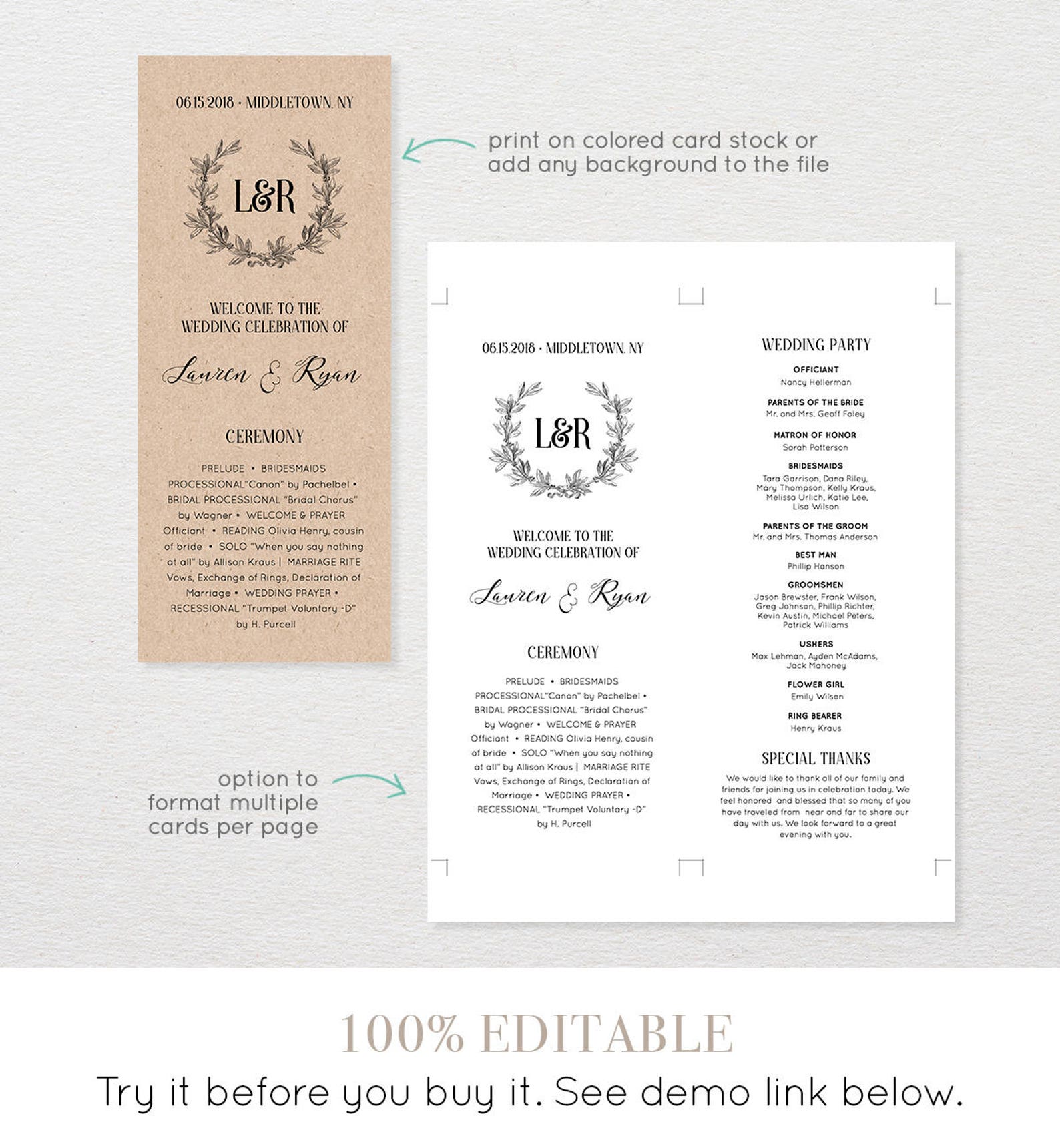 Wedding Program Card Order of Service Printable Ceremony | Etsy