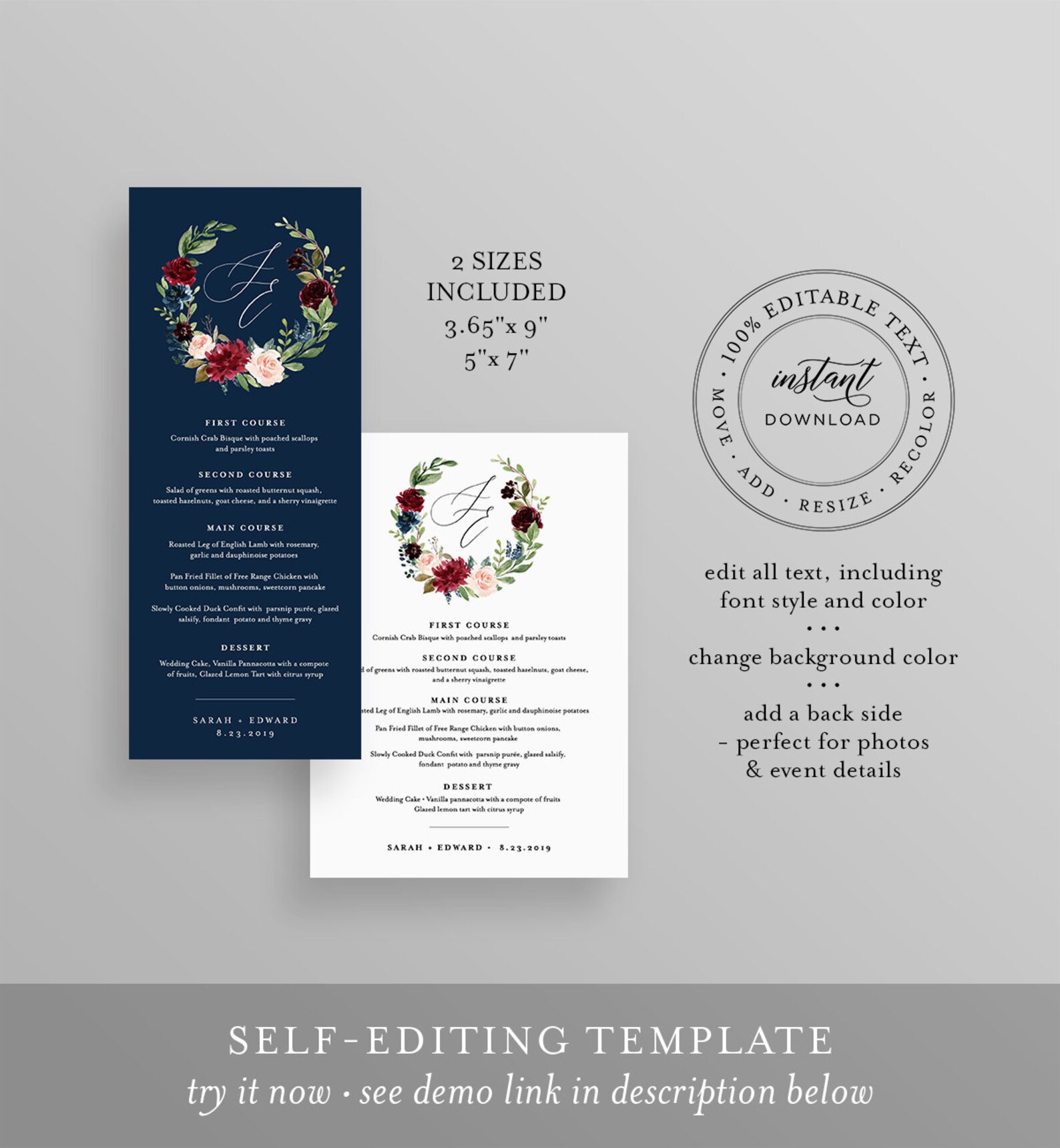 Boho Menu Template Merlot Floral Wedding Menu Card Printable - Etsy