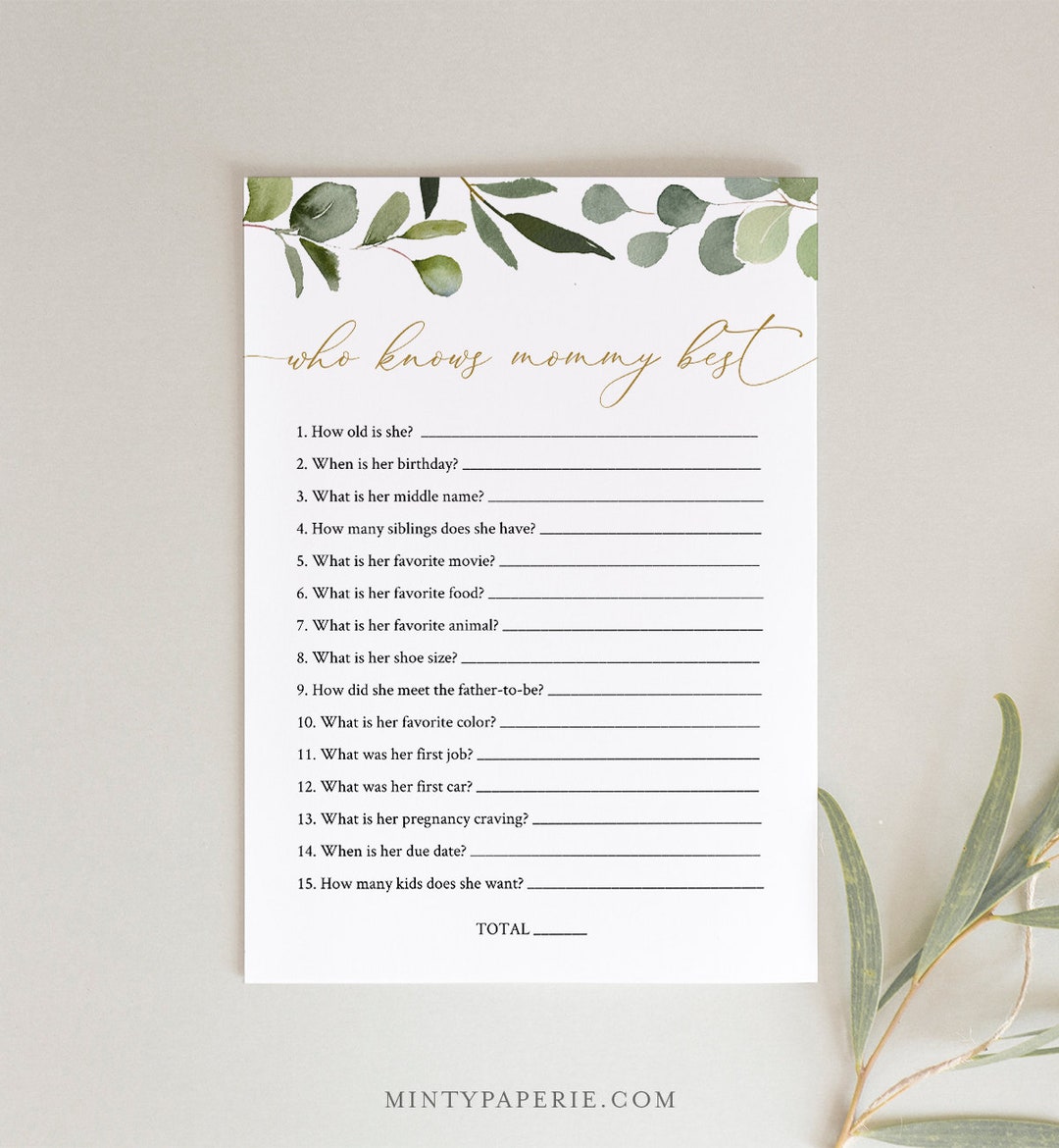 Who Knows Mommy Best Baby Shower Game, Greenery Baby Shower, How Well ...