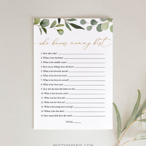 Who Knows Mommy Best Baby Shower Game, Greenery Baby Shower, How Well ...
