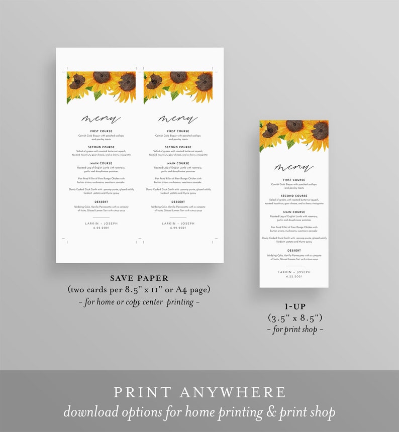Sunflower Menu Template Wedding Dinner Menu Card Printable - Etsy