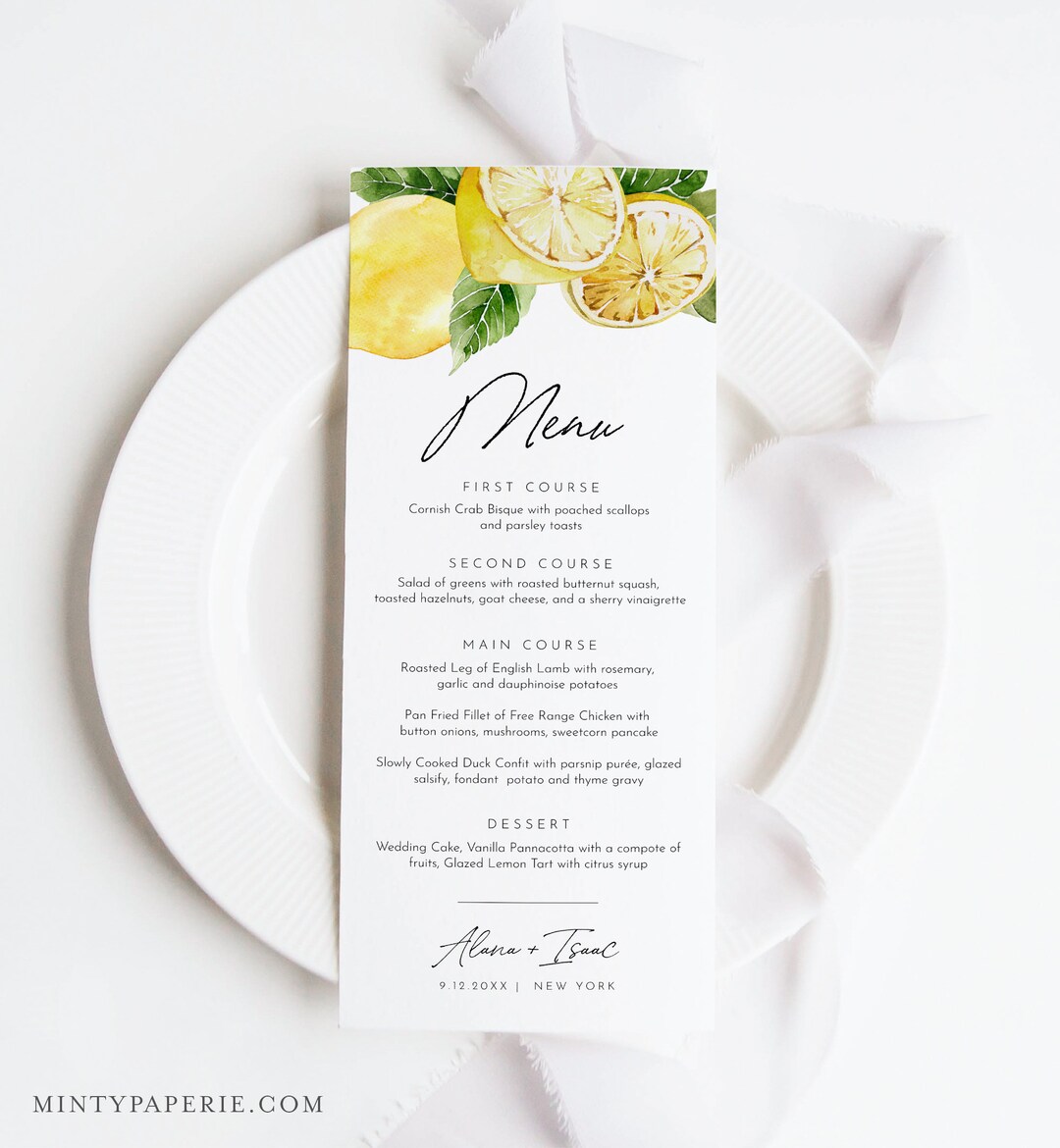 Lemon Menu Template, Printable Citrus Summer Wedding Dinner Menu Card ...