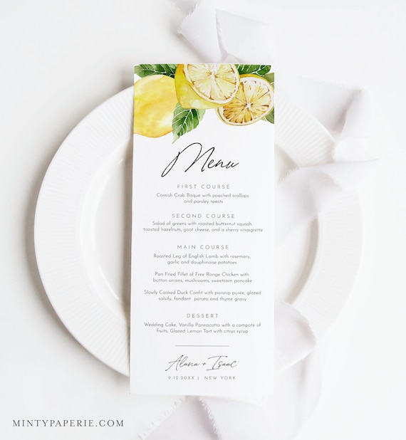 Lemon Menu Template Printable Citrus Summer Wedding Dinner - Etsy