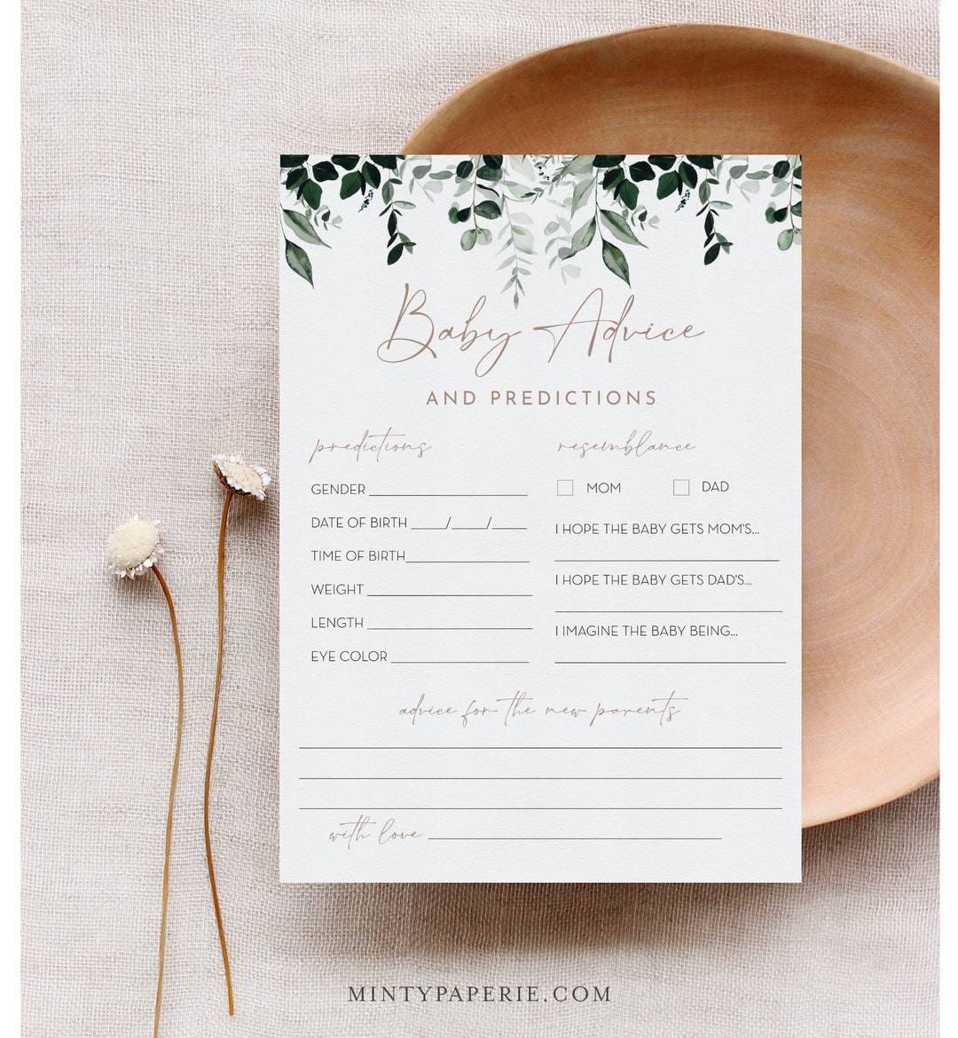 Baby Predictions & Advice Card, Printable Greenery Baby Shower Game ...