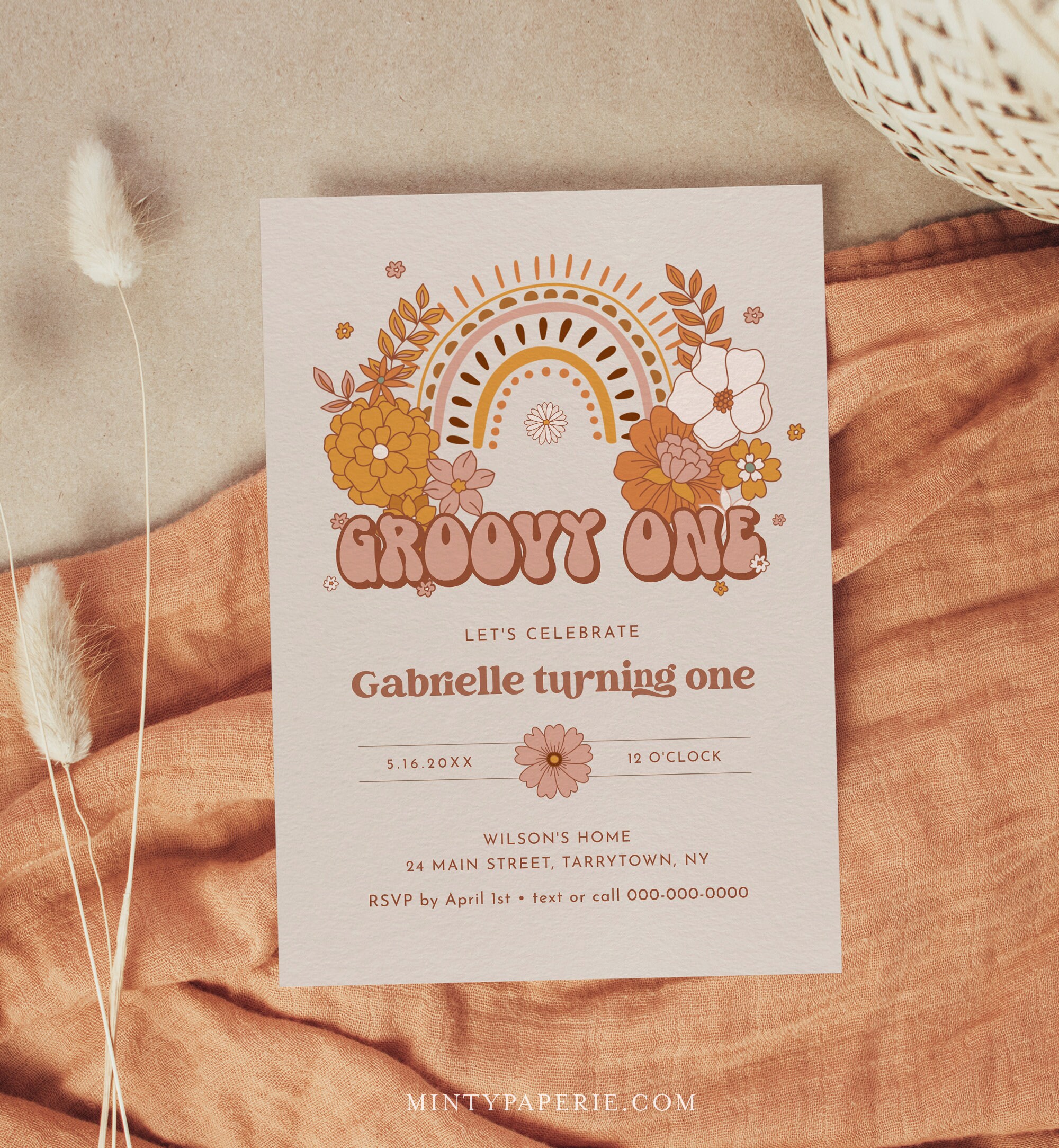 Groovy One Birthday Invitation Hippie Retro 70 s Vibe 1st Birthday 