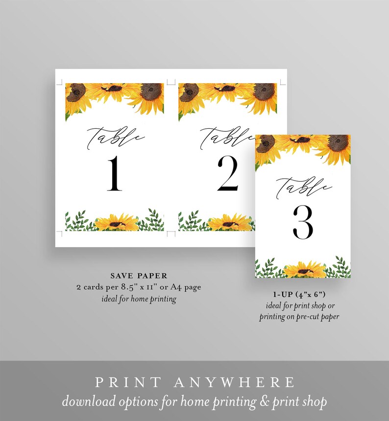 Sunflower Table Number Card Template, Rustic Fall Wedding Table Number ...