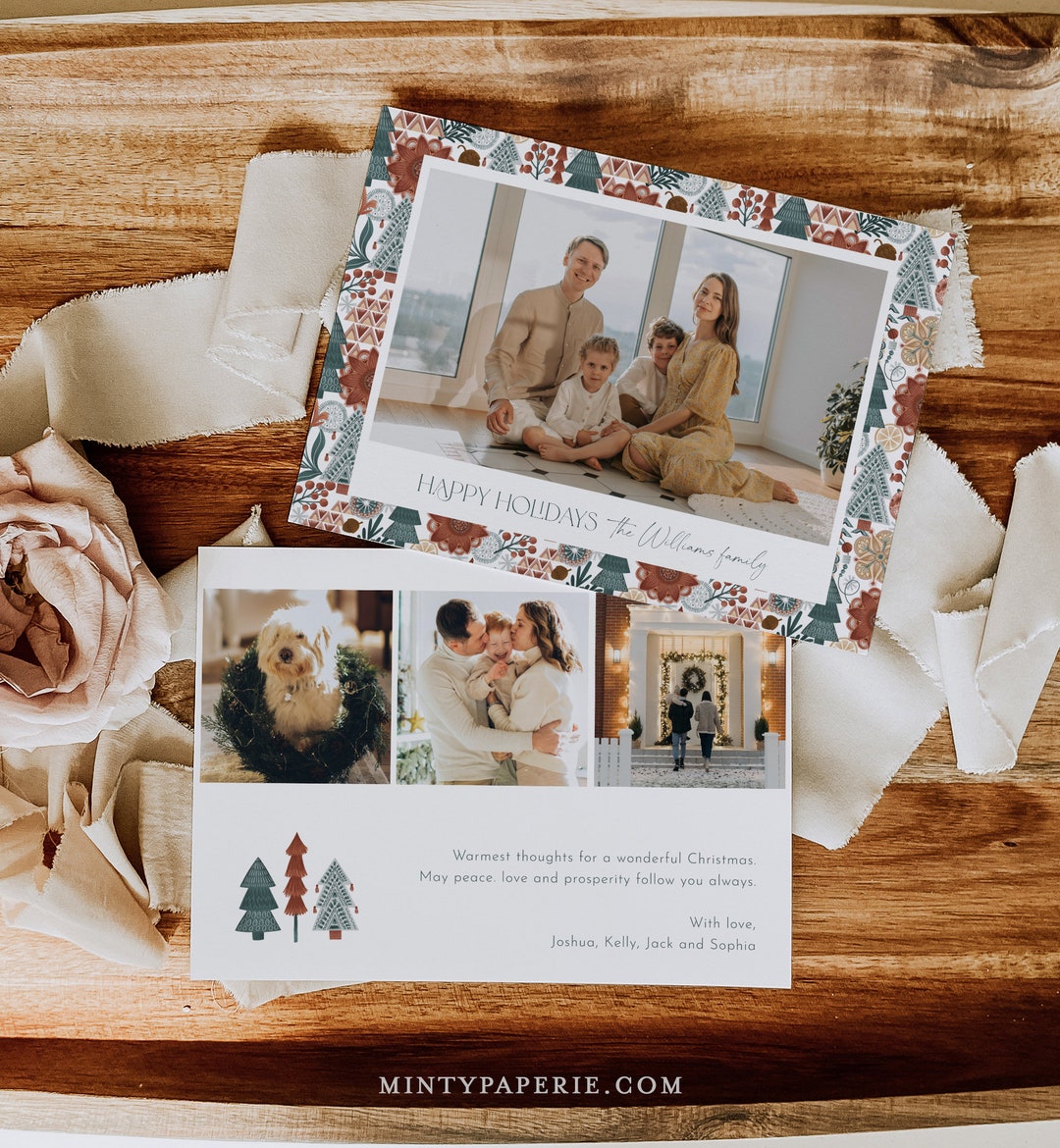 Bohemian Holiday Card Template, Modern Boho Photo Christmas Card ...