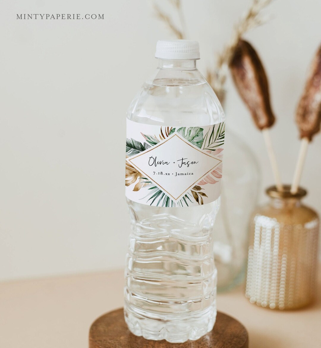 Tropical Water Bottle Label Template, Beach Wedding Water Sticker ...