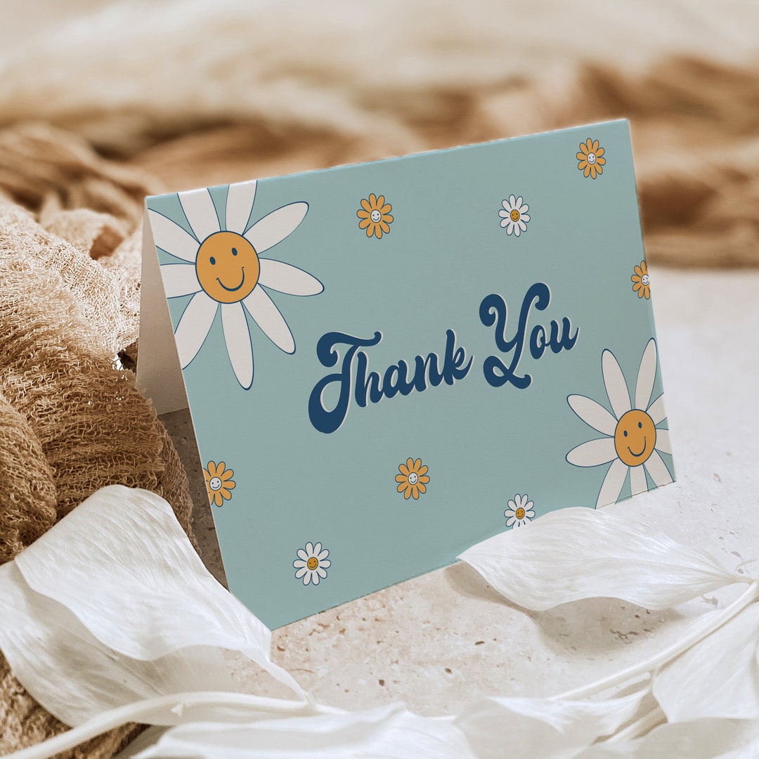 Groovy Thank You Folded & Flat Card, Retro Hippie Boy Baby Shower ...