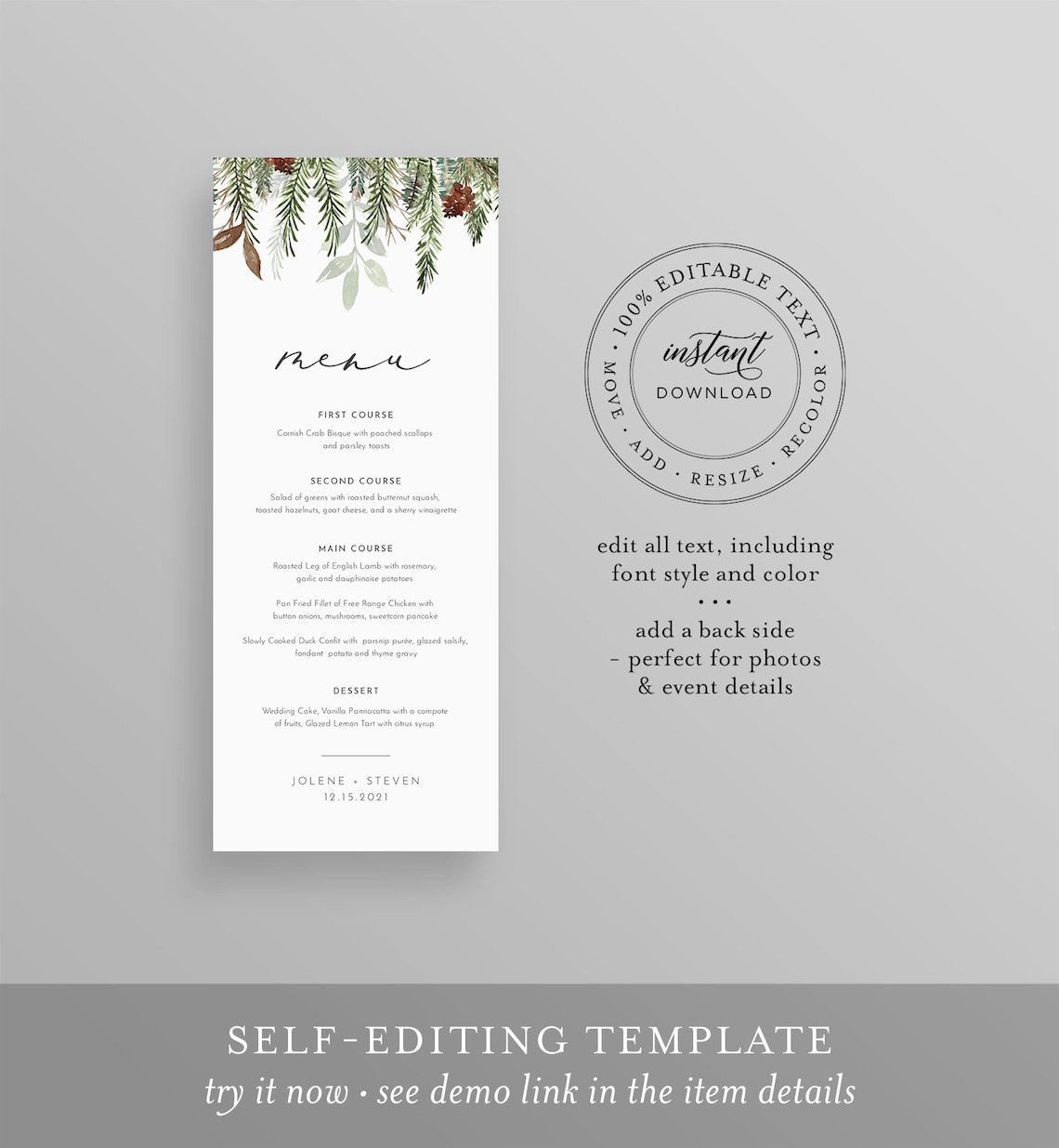 Winter Holiday Menu Template Printable Pine Wedding Menu - Etsy