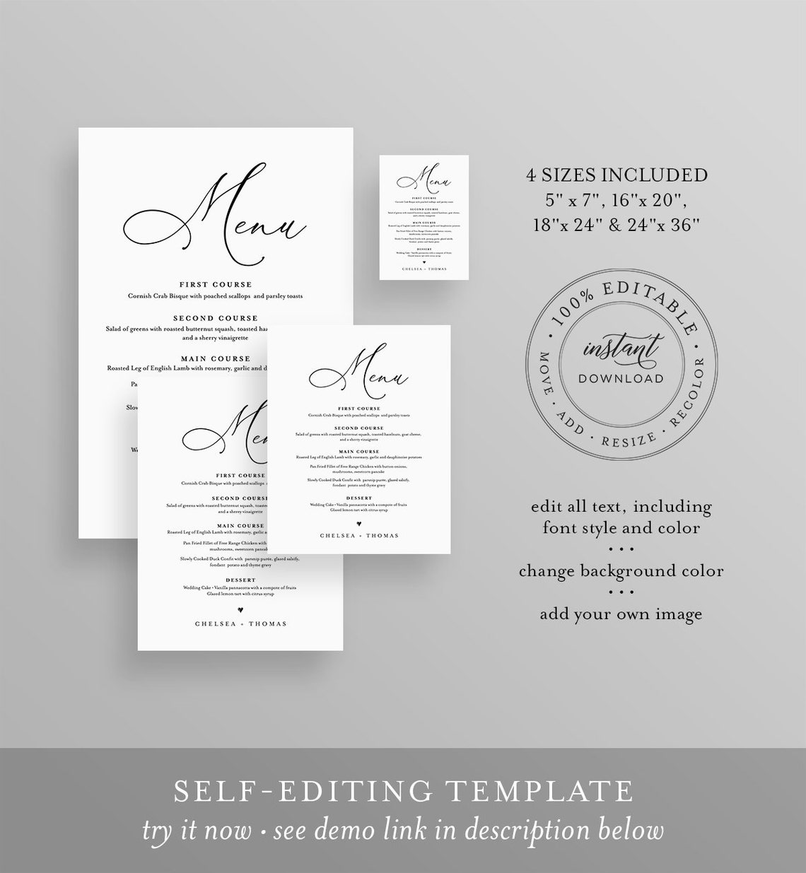 Wedding Menu Sign Template, INSTANT DOWNLOAD, 100% Editable, Printable ...