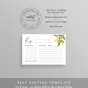 Lemon Recipe Card Template, Printable Citrus Bridal Shower Recipe ...