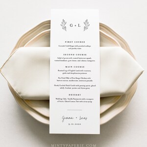 Monogram Menu Template, Printable Modern Minimalist Wedding Dinner Menu ...