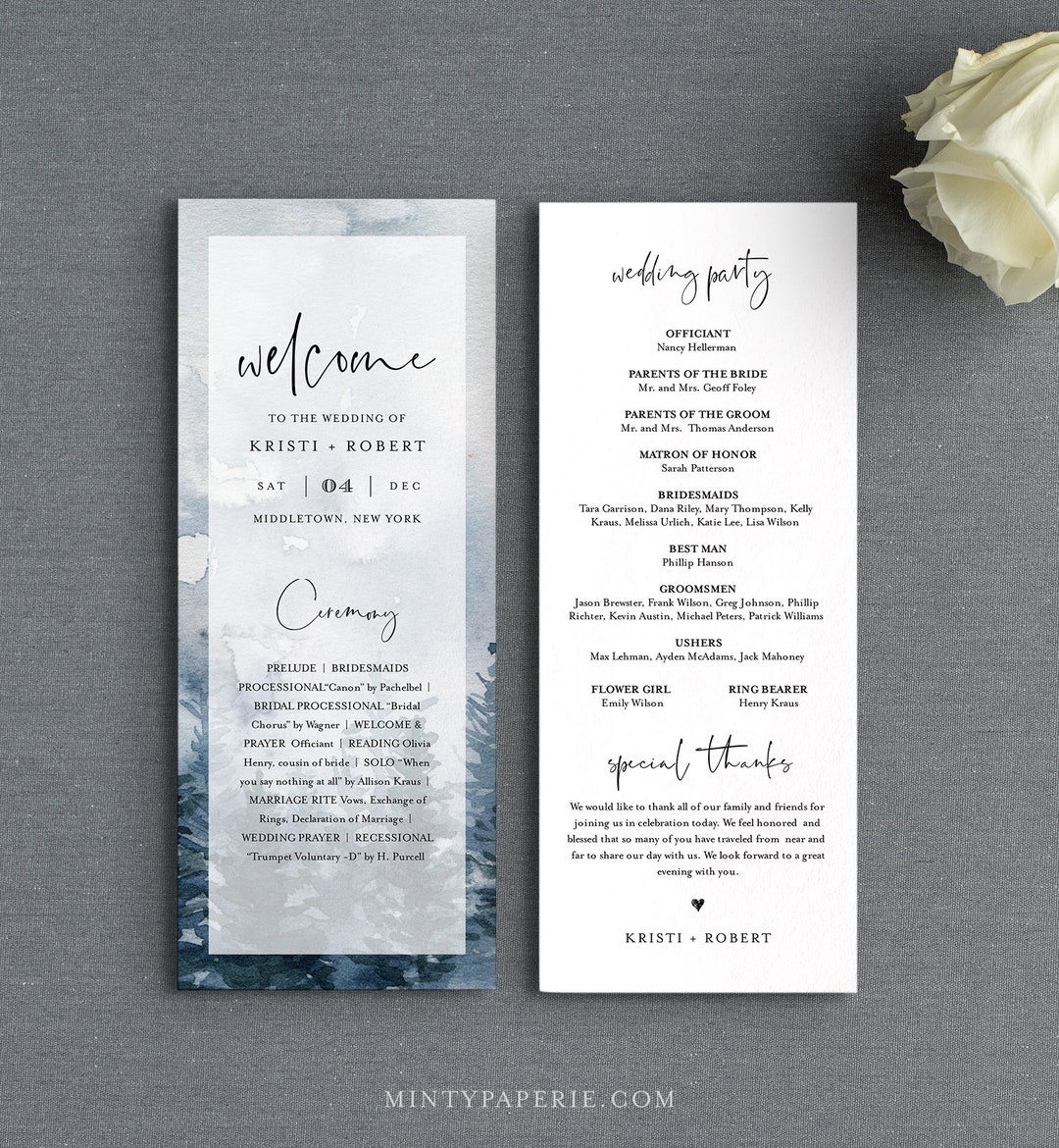 Winter Wedding Program Template, Printable Order of Service, Rustic Pine, Instant Download, 100% ...
