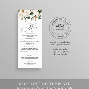 Magnolia Menu Template, Southern Wedding Menu Card, Printable DIY ...