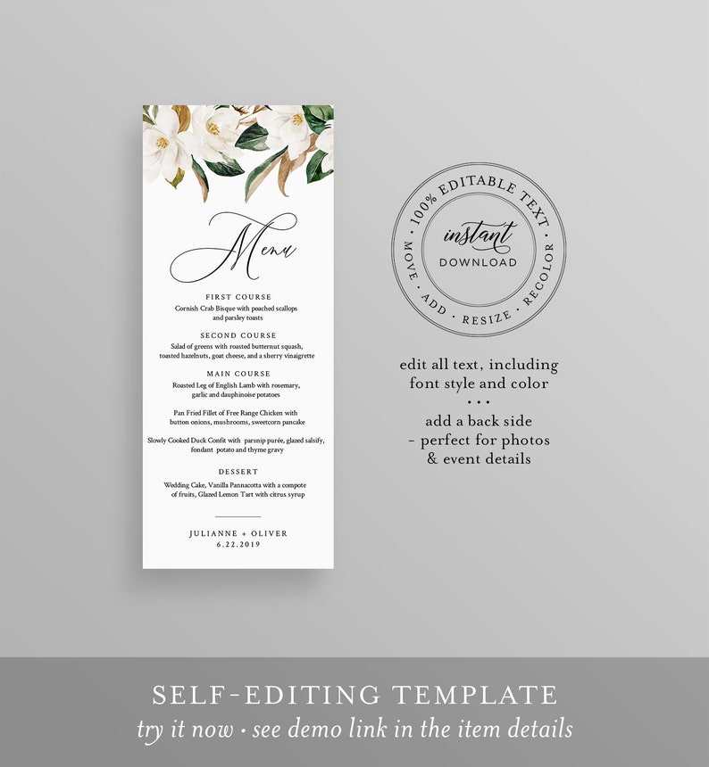 Magnolia Menu Template Southern Wedding Menu Card Printable - Etsy