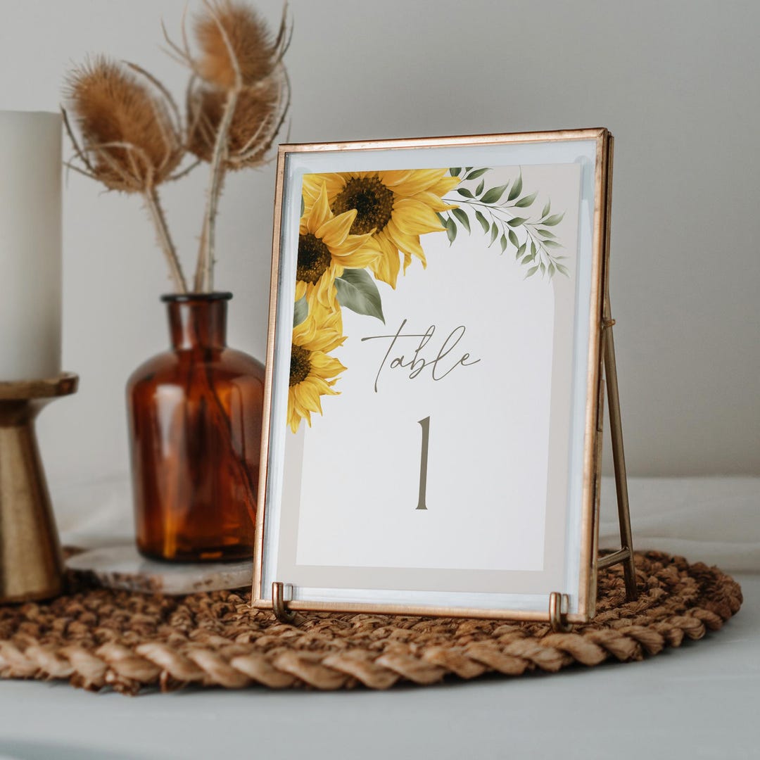 Sunflower Table Number Card Template, Summer Wedding Table Number ...