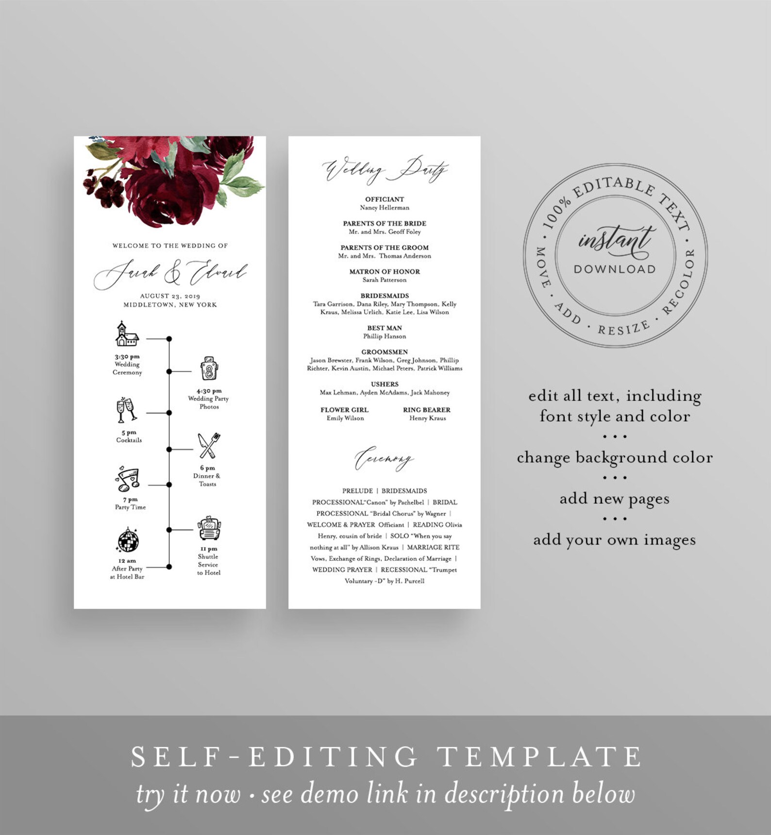 Wedding Program & Timeline Template, Printable Order of Service ...
