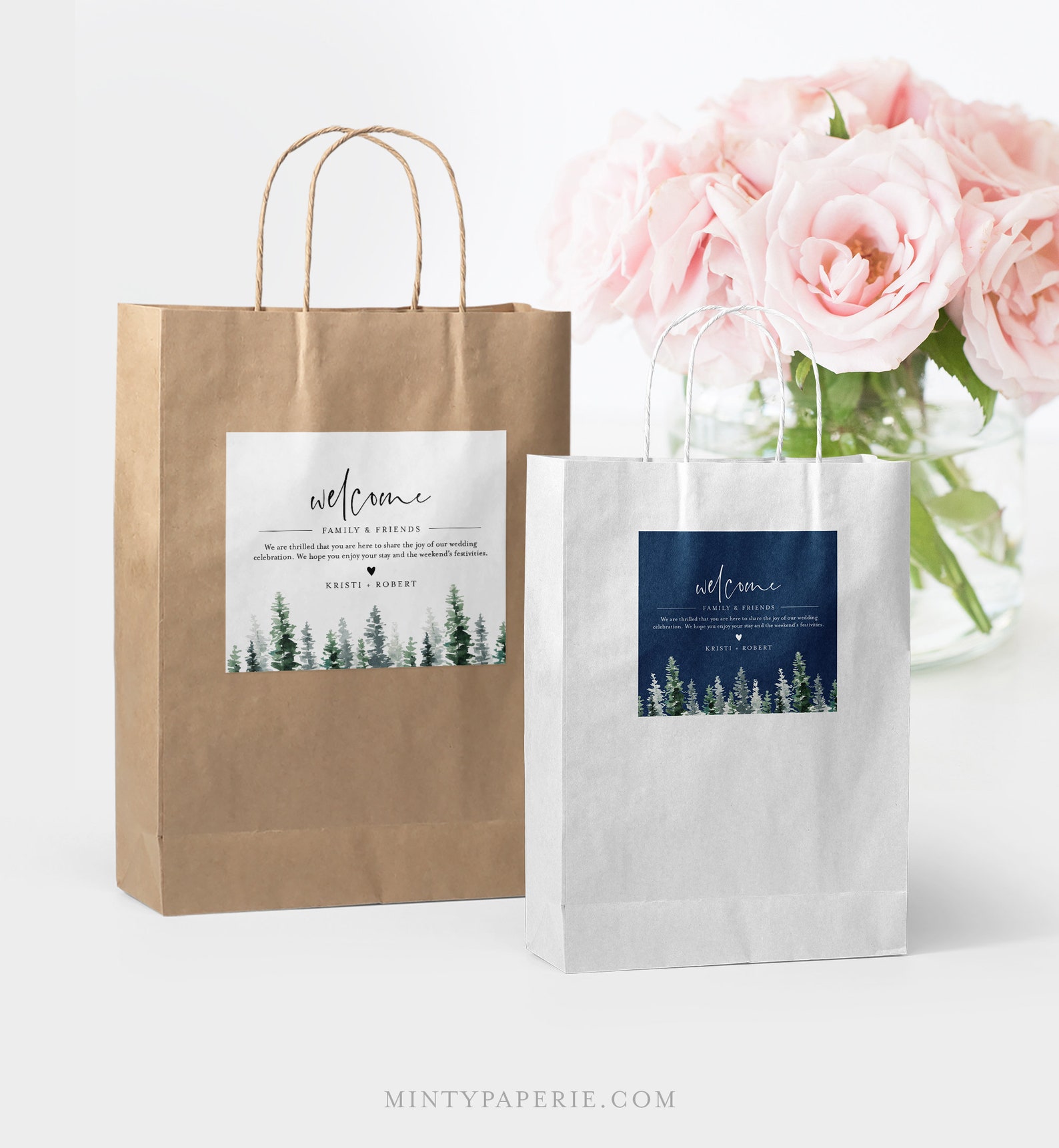 Welcome Bag Label Template, Welcome Box Sticker, Rustic Pine, Winter ...