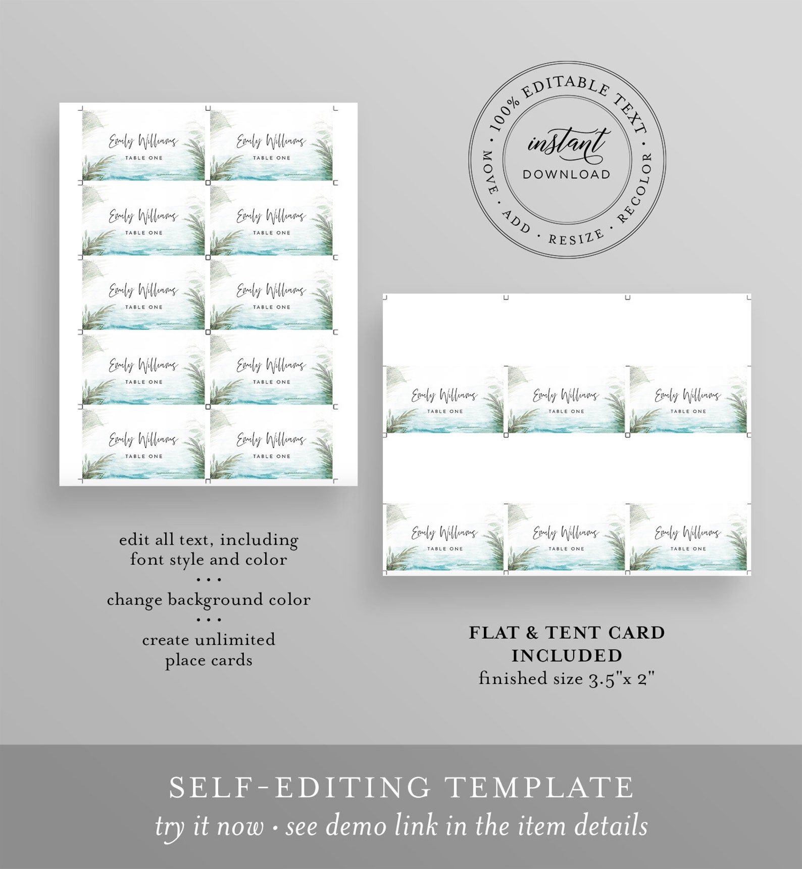 Beach Place Card Template, Printable Tropical Destination Wedding ...