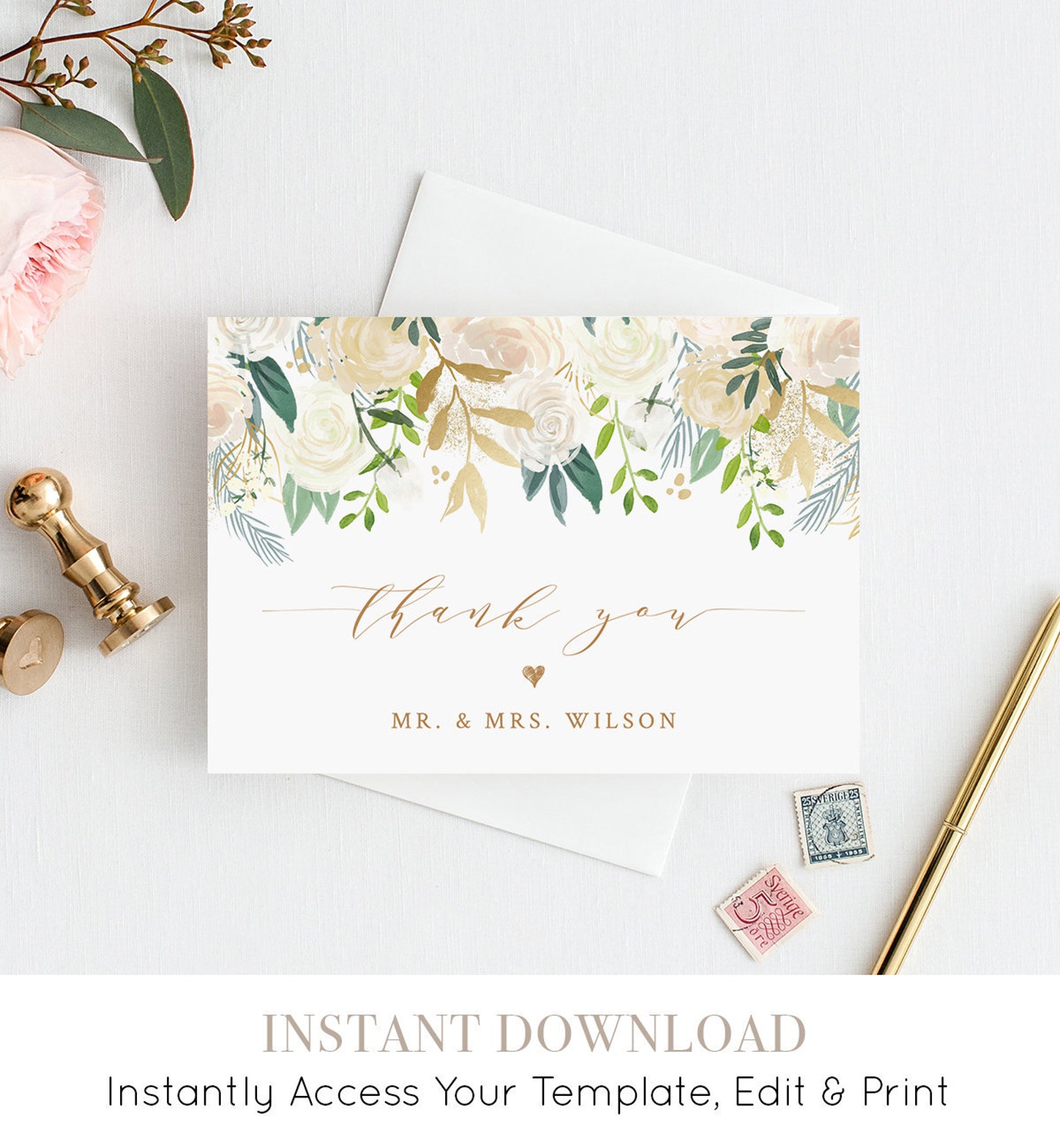 Thank You Card Template Printable Wedding / Bridal Shower | Etsy