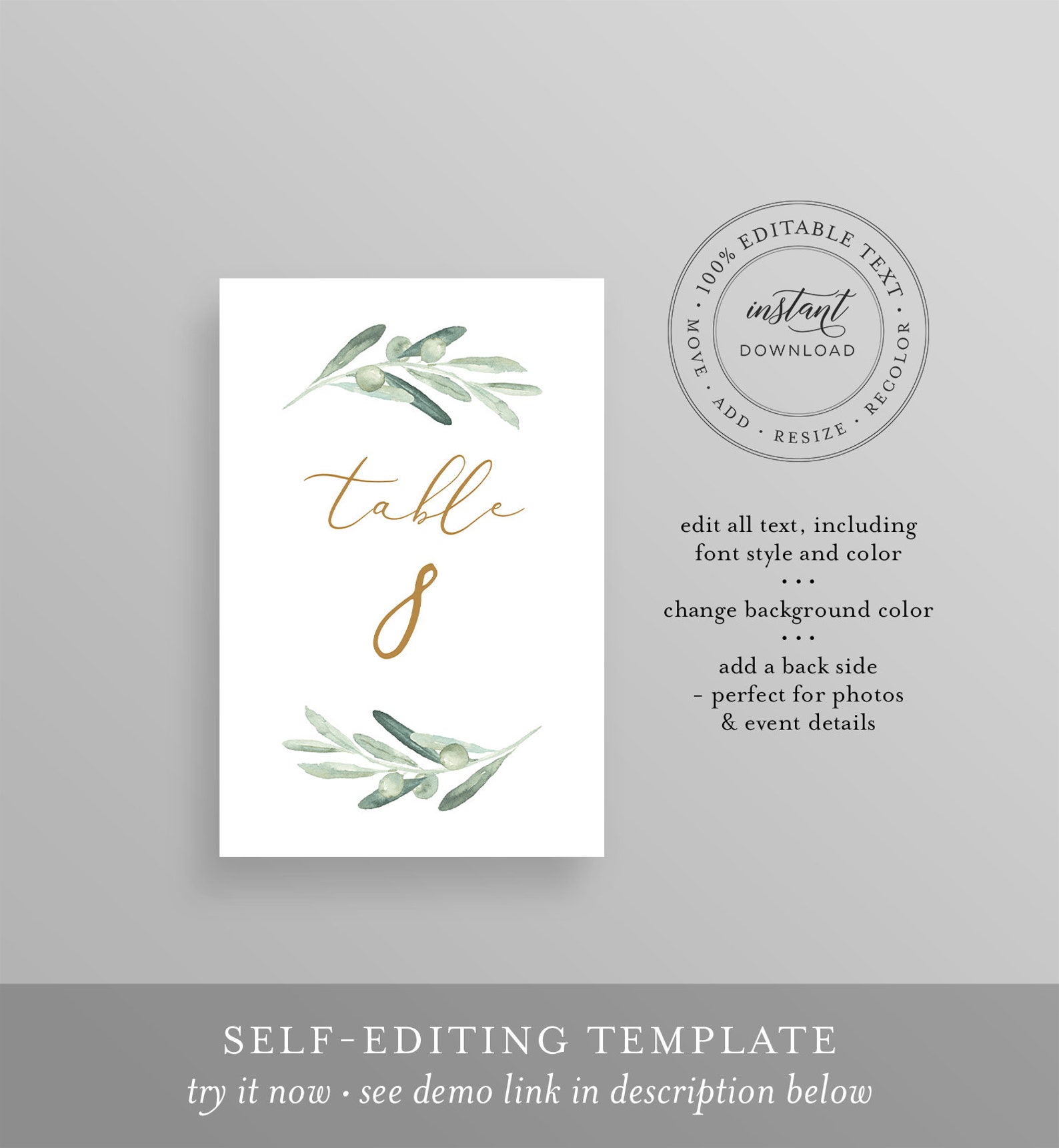 Table Number Card Template, Printable Olive Greenery Wedding Table ...