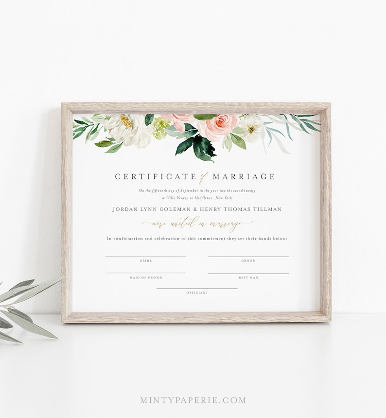 Marriage Certificate, Boho Blush Floral Wedding Certificate, Wedding ...