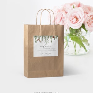 Welcome Bag Label Template, Welcome Box Sticker, Rustic Pine, Winter ...